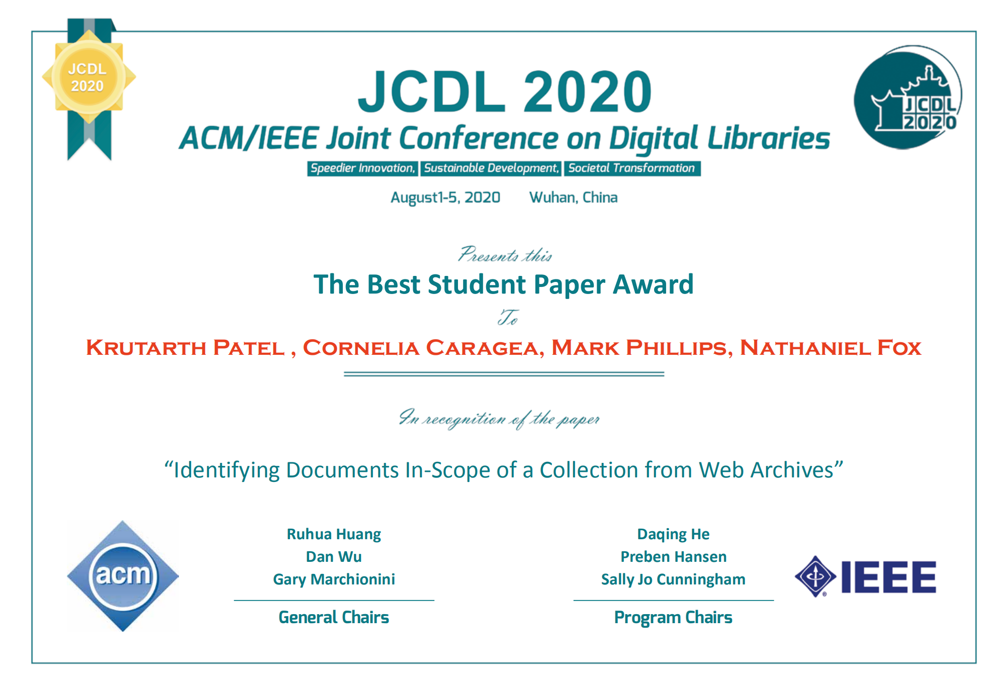ACM/IEEE JOINT CONFERENCE ON DIGITAL LIBRARIES (JCDL 2020)